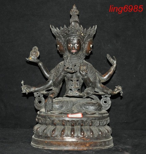 old Tibet bronze gilt 3 Head 8 Arms Mahakala Buddha Ushnishavijaya Seat ...