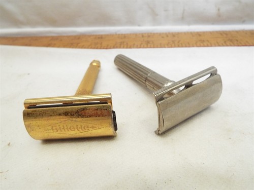 PR Vintage Gillette Safety Razors 3 Piece Double Edge Gold Tone Slim ...