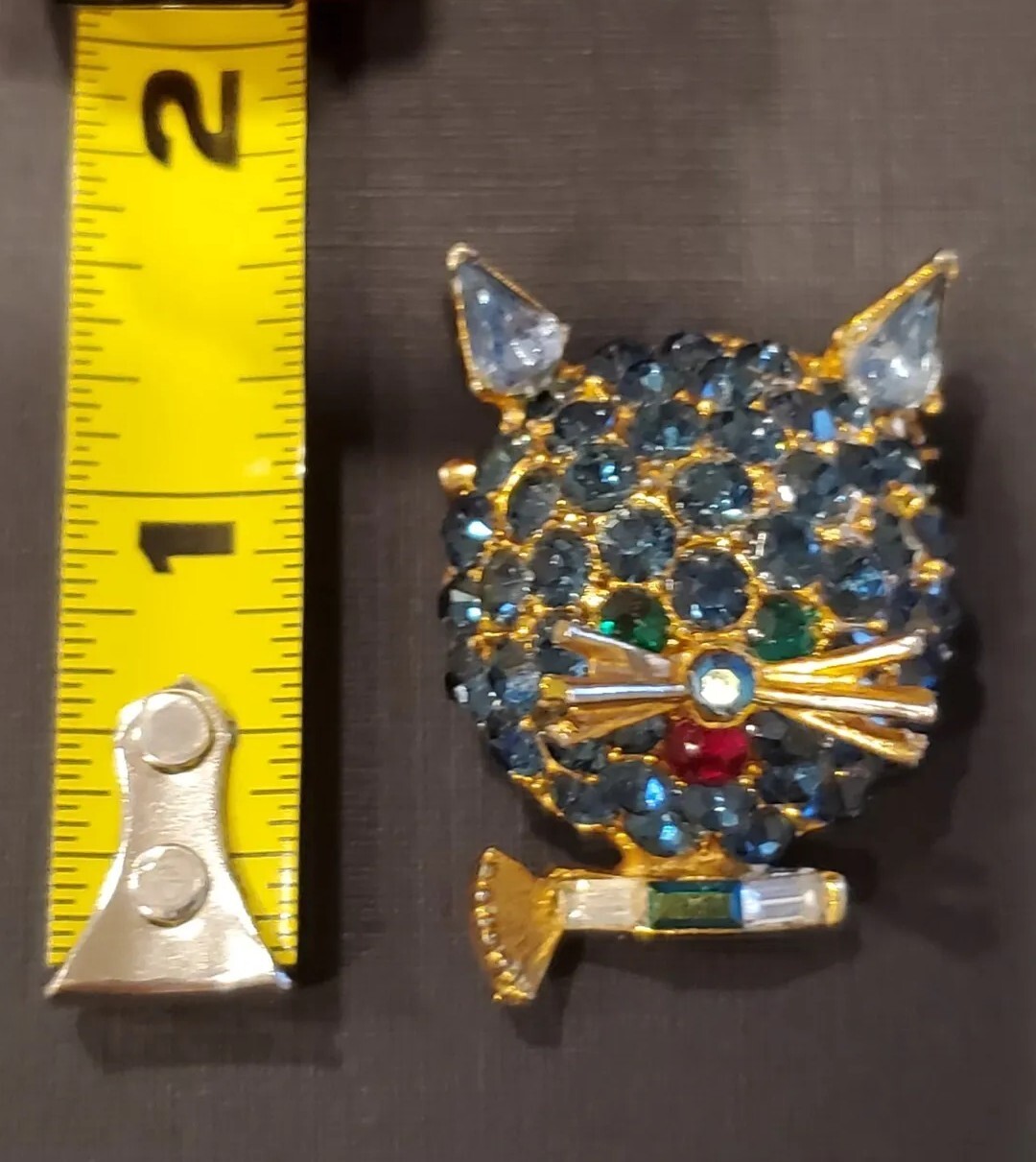 VINTAGE 50'S ALL RHINESTONE CAT HEAD PIN/BROOCH, BLUE - Gem