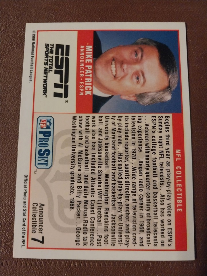 1989 MIKE PATRICK PRO SET ESPN ANNOUNCER CARD #7 | eBay