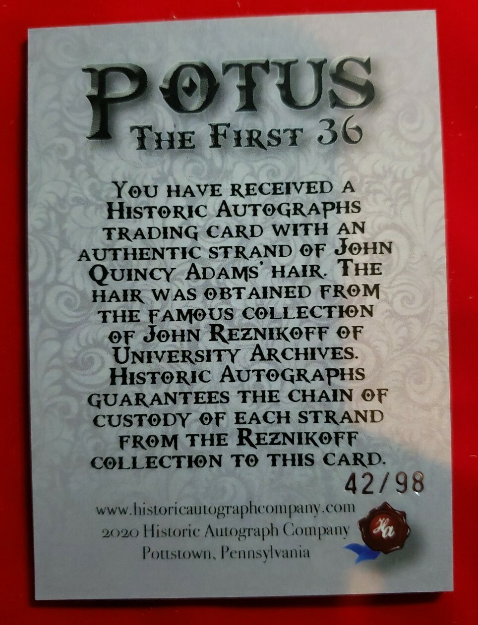 2020 Historic Autographs POTUS The First 36 DNA Hair John Quincy Adams ...