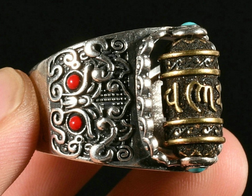 3CM Old Tibet Silver Gilt Gems Feng Shui Six-character mantra ring ...