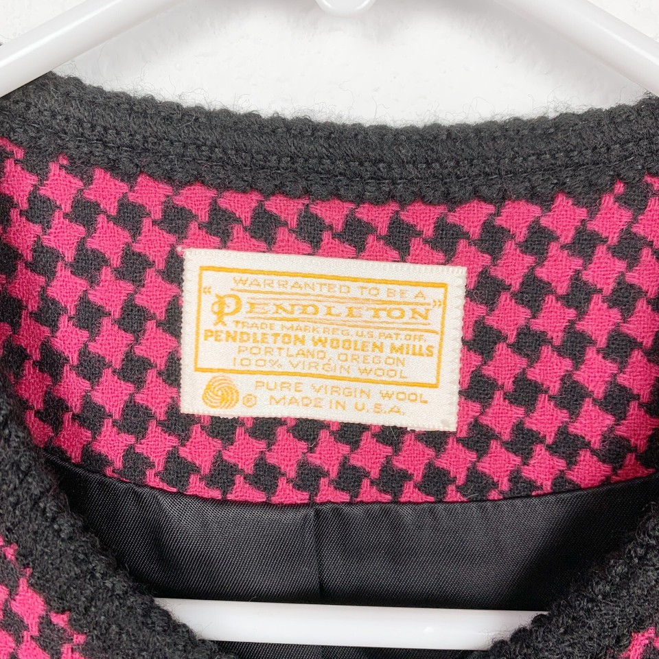 Vintage Pendleton Black Pink Houndstooth Blazer Jacket Size 12 Tall | eBay