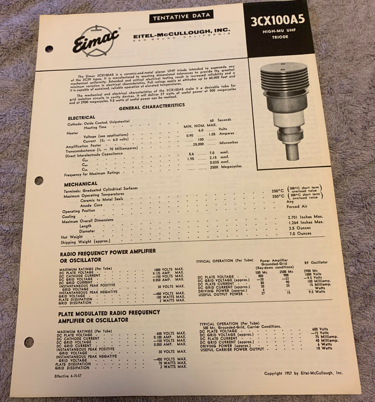 Eitel-McCullough Eimac 3CX100A5 High-MU UMF Triode Tube Tent. Data ...