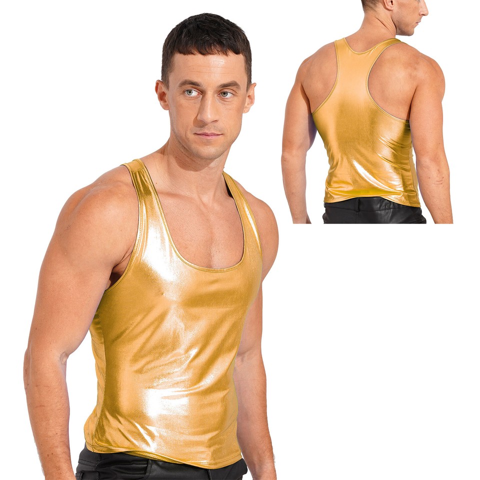 Men Shiny Metallic Sleeveless Muscle Tank Top Faux Leather Vest Tops ...