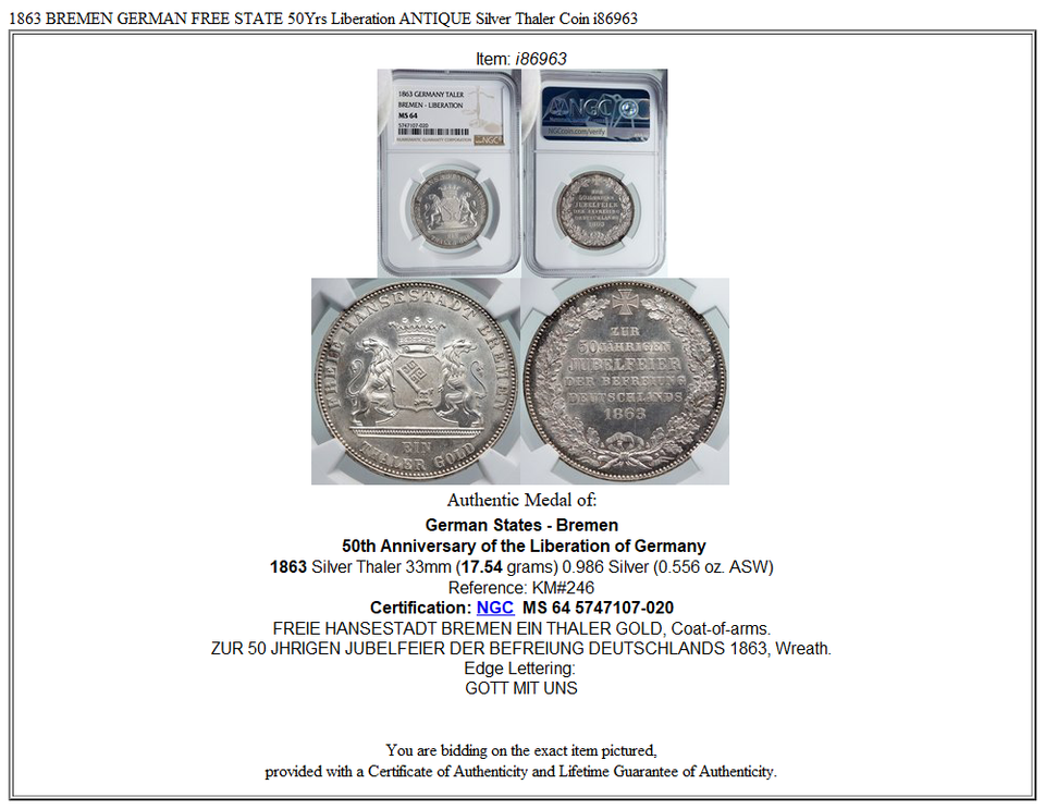 1863 BREMEN GERMAN FREE STATE 50Yrs Liberation ANTIQUE Silver Thaler ...