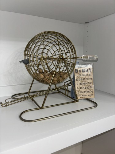 Vintage Metal Bingo Spinner Cage Wooden Balls Old Cards Lucite Acrylic ...
