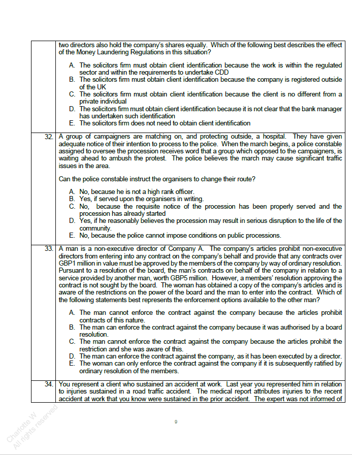 Kaplan Solicitors Qualifying Exam (SQE) SQE1 Mocks - 6 sets of Q&A (Aug ...