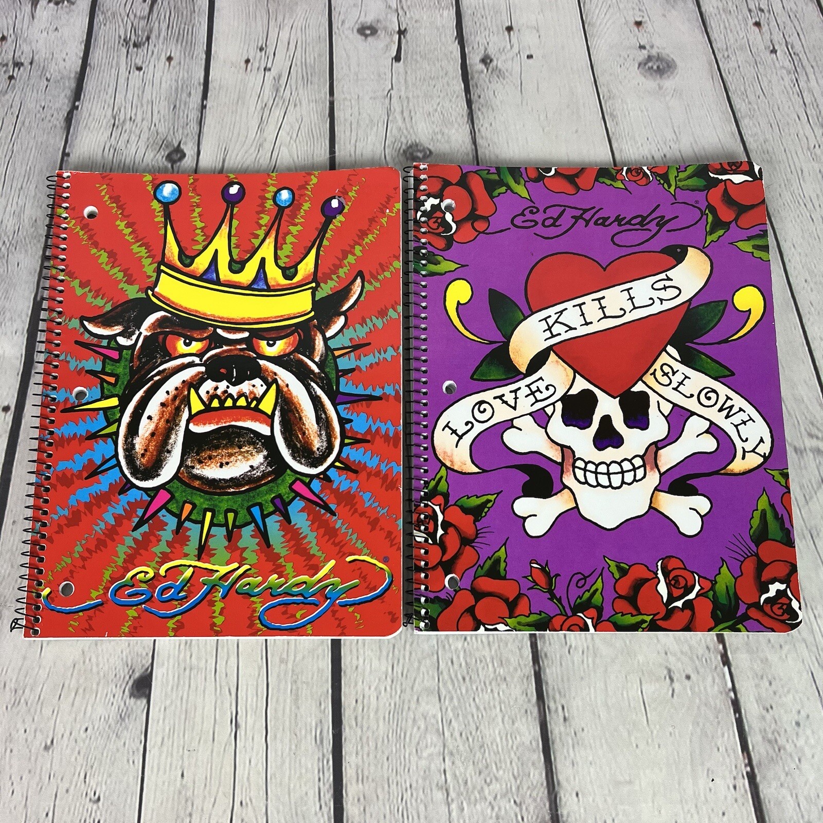 Ed Hardy Lisa Frank Skull Love Kills Slowly Bull Dog Colorful Spiral ...