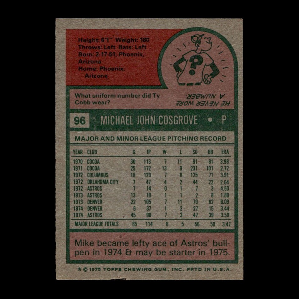 Mike Cosgrove 1975 Topps Rookie Houston Astros #96 GM R305 | eBay