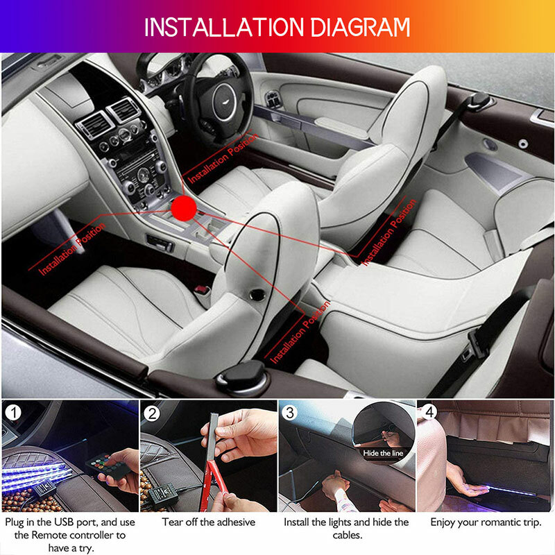 Car RGB 48 LED Light Strip Interior Atmosphere Neon Lamp Remote Control ...
