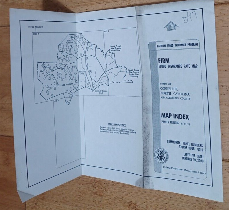 JAN 2000 Map FIRM FEMA Flood Rate Map CORNELIUS NC Index plus 3 panels ...