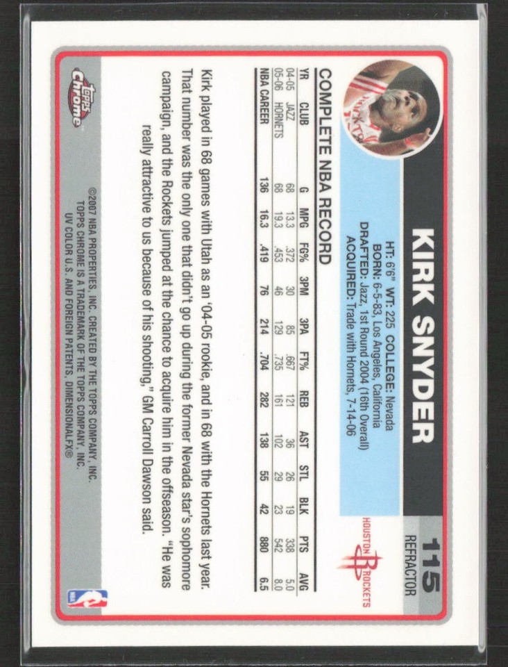 Kirk Snyder 2006-07 Topps Chrome #115 Refractors Houston Rockets | eBay