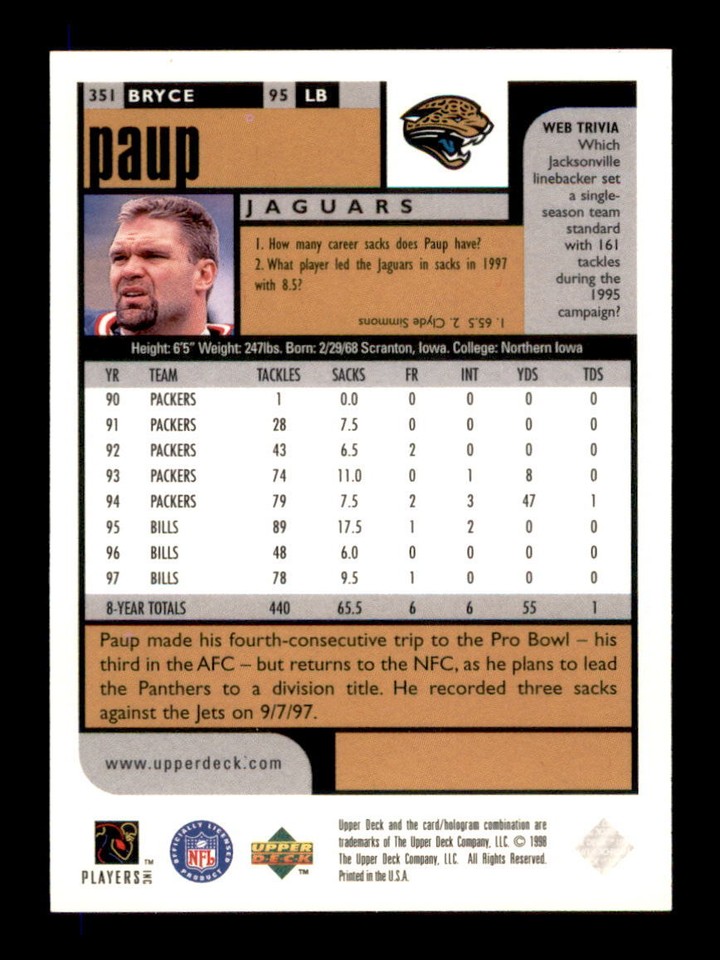 1998 Football UD Choice Bryce Paup Jacksonville Jaguars #351 | eBay