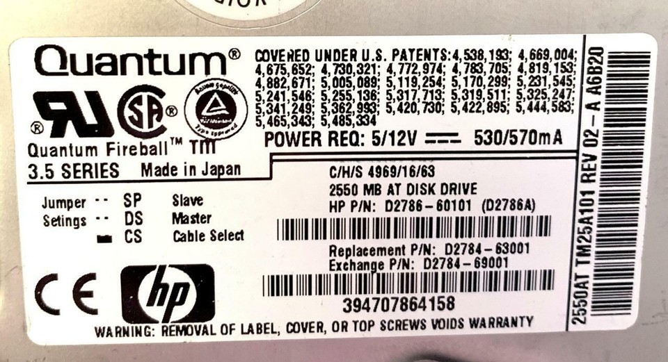 Hewlett Packard HP Quantum Fireball TM D2784-60101 3.5 Series Hard ...