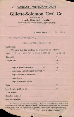 1913 Gillette Solomon Coal Co. Winona Minnesota Billhead Badger Brewing ...