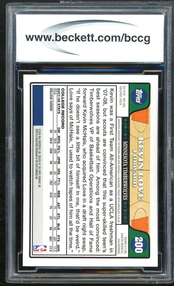 Kevin Love Rookie Card 2008-09 Topps #200 BGS BCCG 10 | eBay