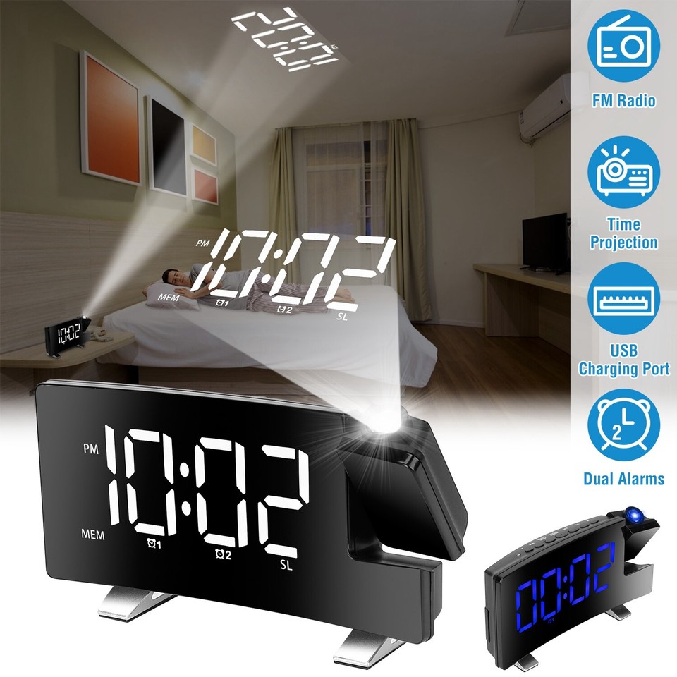 7.7" Desk Dual Alarm Clock LCD LED Digital Time Projection FM Radio ...