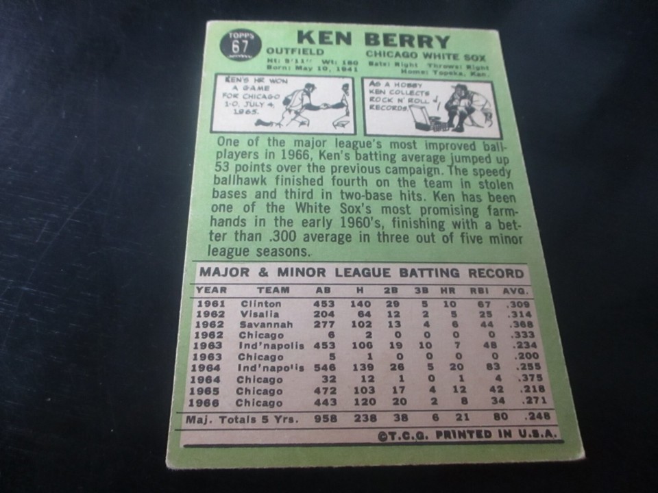 ken berry (chicago white sox - of) 1967 topps card #67 excellent condition | eBay