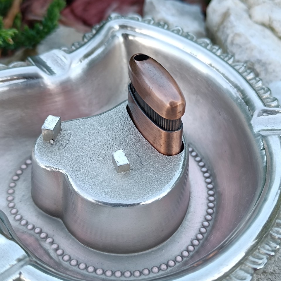 Vintage Heart shape silver color metal Ashtray with copper mini Lighter ...