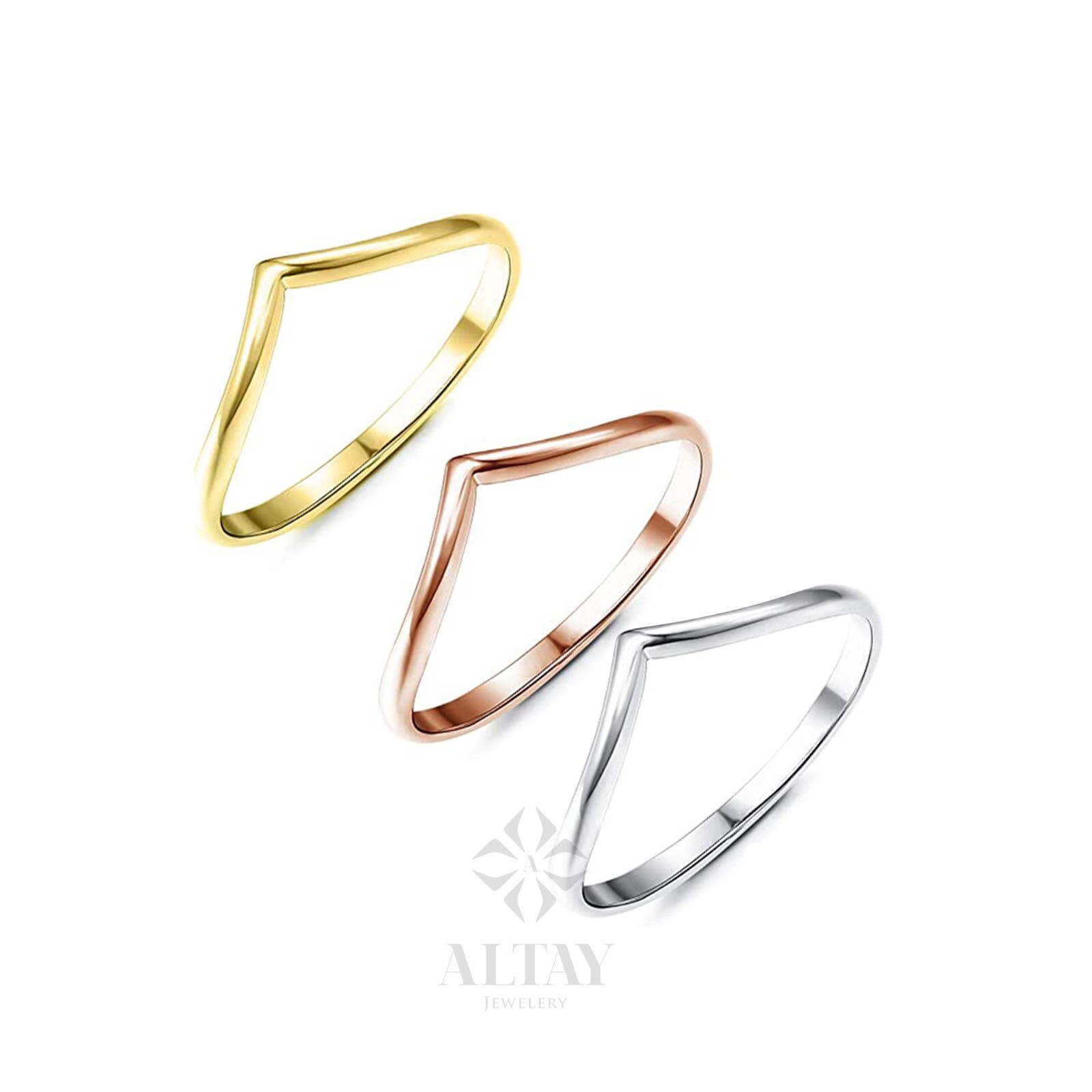 14K Gold Chevron Ring, V Ring, Gold Curved Band, Chevron Stackable ...