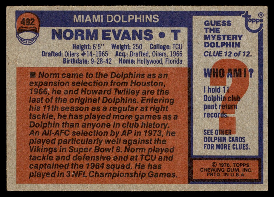 1976 Topps Norm Evans #492 Miami Dolphins | eBay