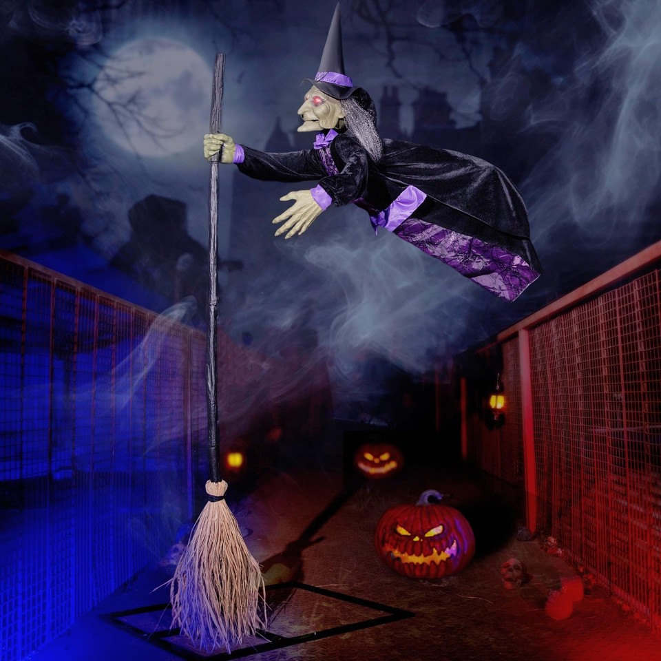 Halloween Animatronic Floating Witch Decoration - 6.5FT Animated Flying ...