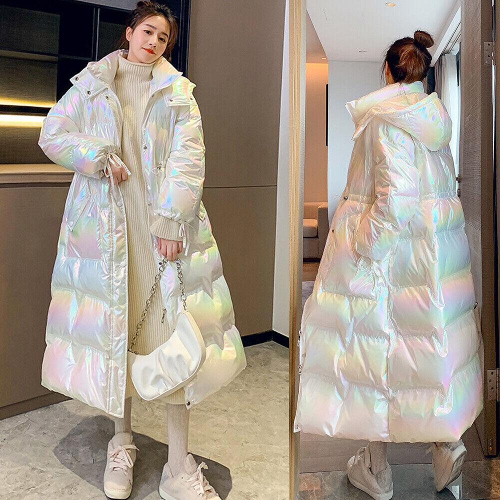 Womens Hooded Shiny Long Parkas Down Cotton Padded Jacket Coat Thicken ...