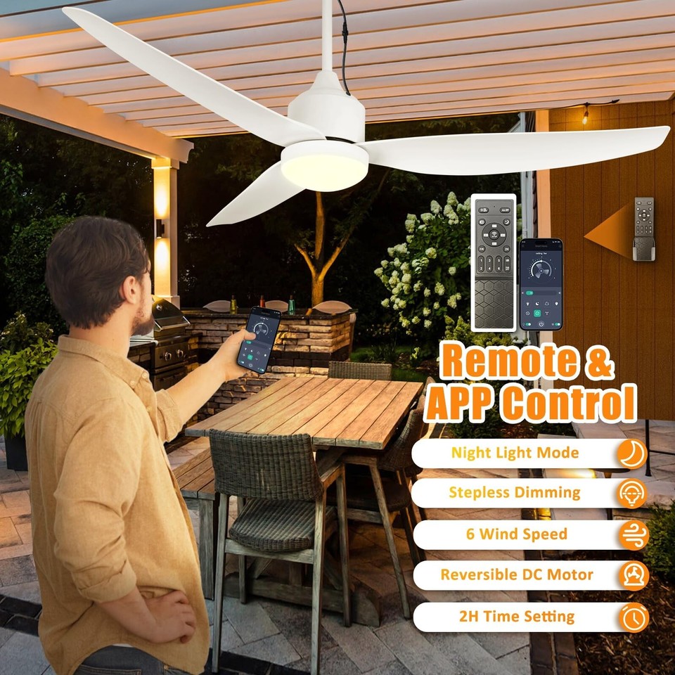 52" Waterproof Outdoor Ceiling Fan with Light Plug in Remote App Control | eBay