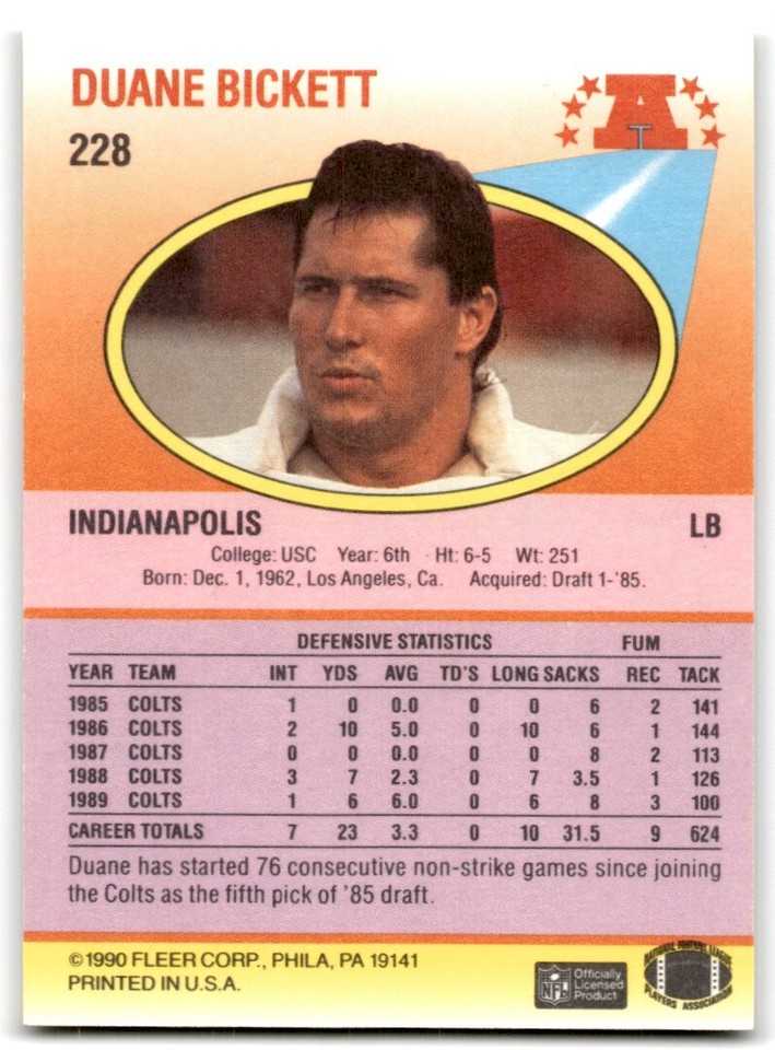 1990 Fleer Duane Bickett Indianapolis Colts #228 | eBay