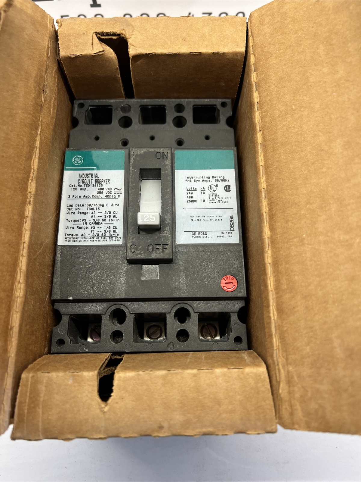 GENERAL ELECTRIC TED134125WL CIRCUIT BREAKER 3 POLE 125 AMP 480V NEW IN ...