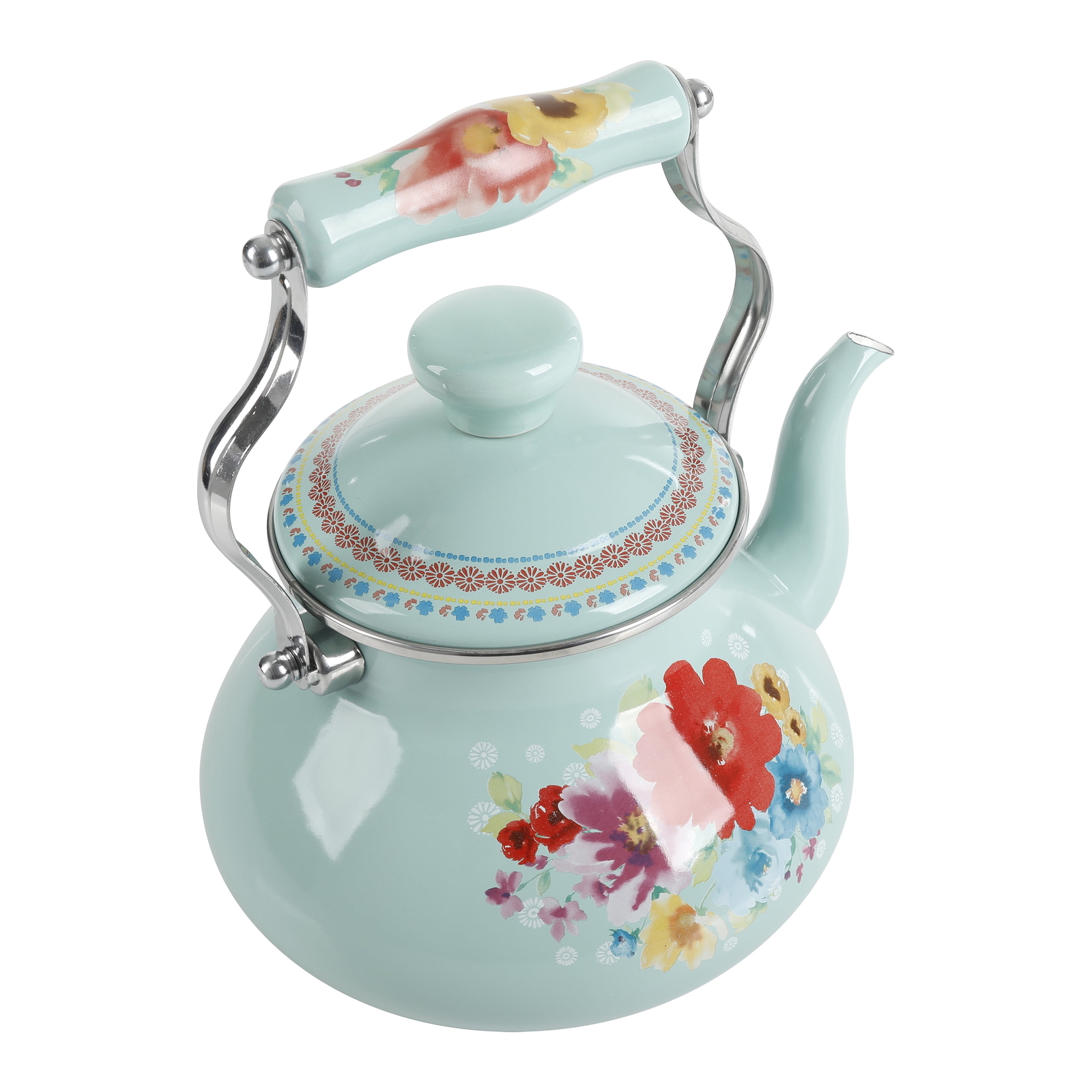 Breezy Blossom Enamel on Steel 1.9-Quart Tea Kettle Folding Handle Home ...