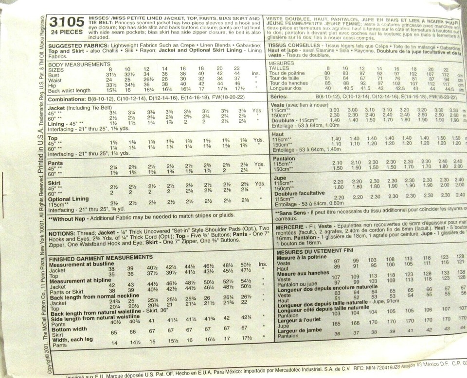 NEW MCCALL PATTERN 3105 NON STOP WARDROBE JACKET TOP PANTS BIAS SKIRT ...