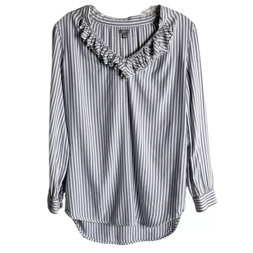 Aerie Women's Pinstripe Ruffle Neck Tunic Top XS Blue V-Neck Long ...