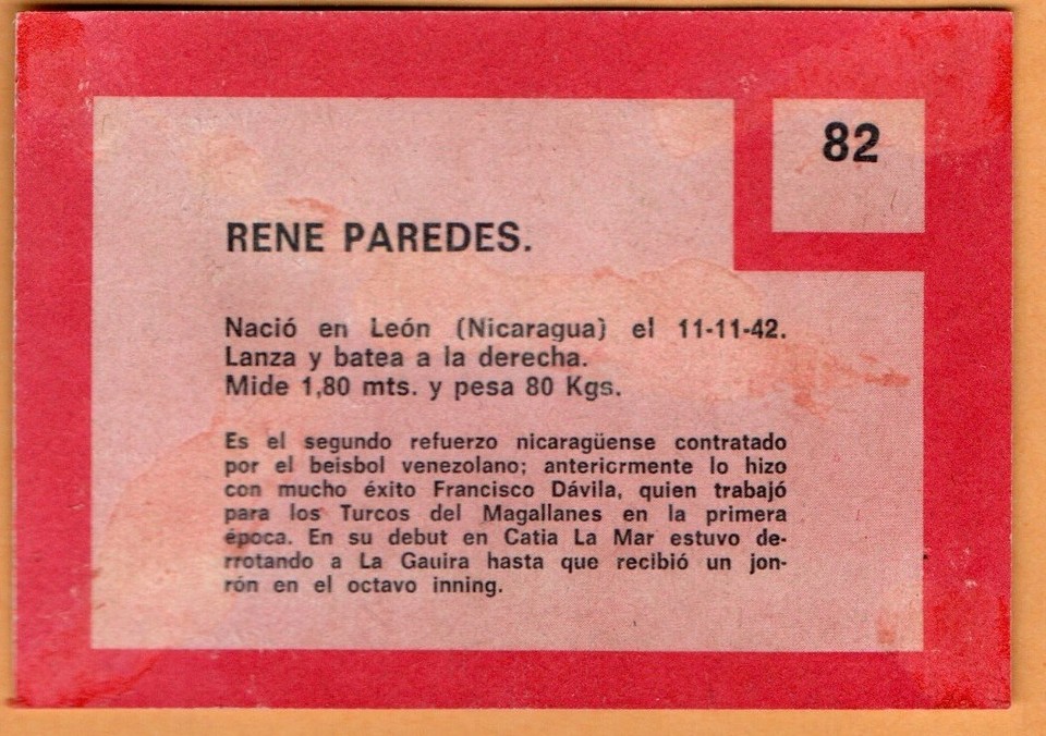 Venezuelan Topps 1967 Rene Paredes #82 Tigres De Aragua Ptd In ...