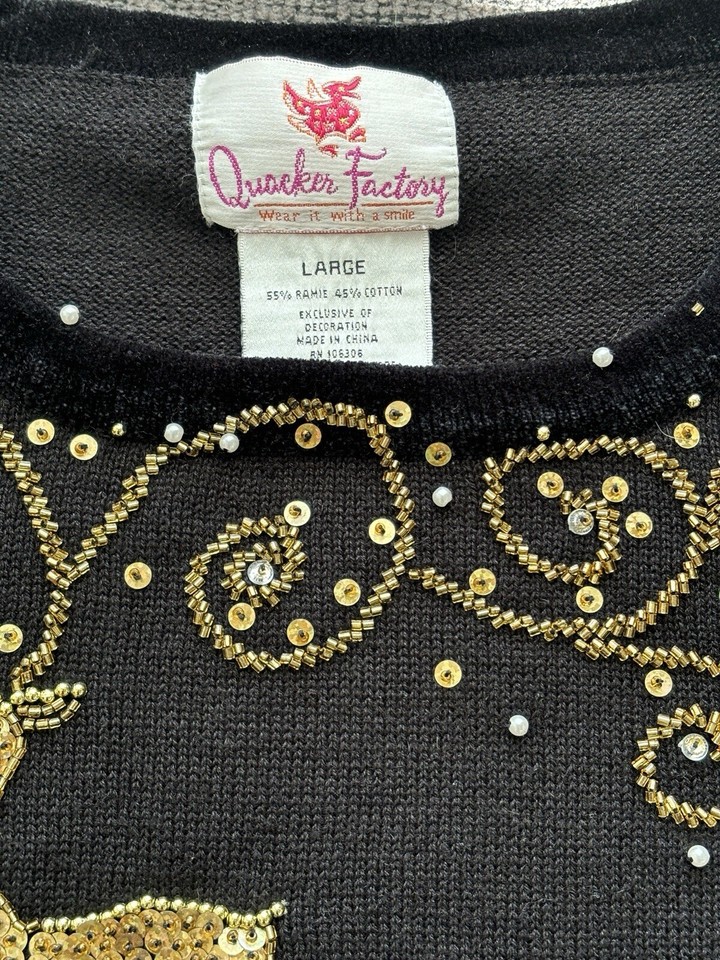 Quacker Factory Sweater Reindeer Sequin Black Gold Winter Women's L ...