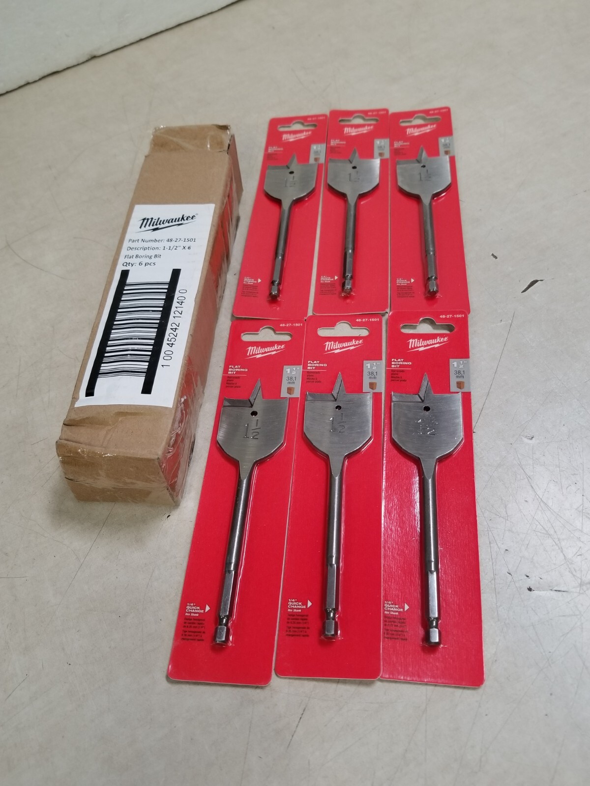 6 Pk Milwaukee 1-1/2" x 6" L. High-Performance Carbon Steel Spade Bit ...
