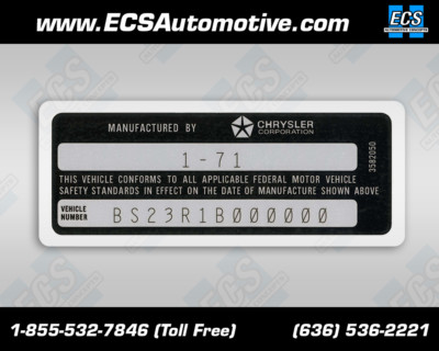 1971 Chrysler VIN Door Decal Sticker VIN & Date Printed Laminated ...