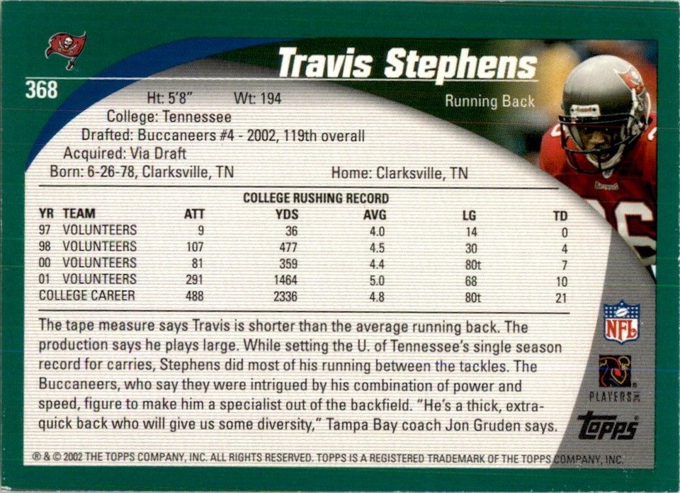 2002 Topps Travis Stephens Rookie Tampa Bay Buccaneers #368 NFL ...