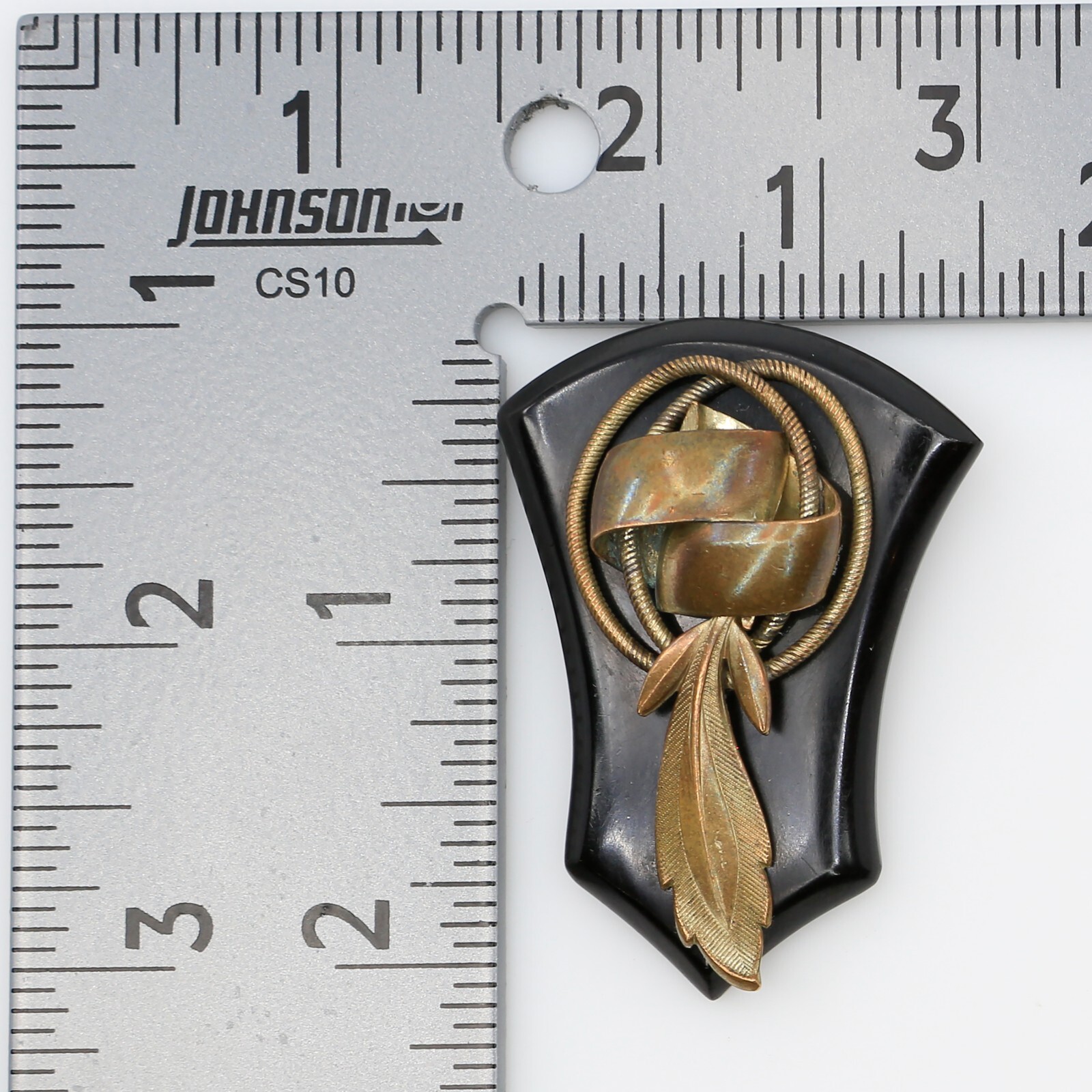 Antique Art Deco Black Bakelite Dress Clip With Brass Circles and Leaf ...