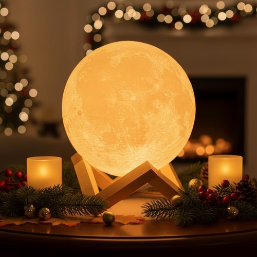 3D Moon Lamp, 9.6' Large Night Light with Wooden Base, Touch-Dimmable ...