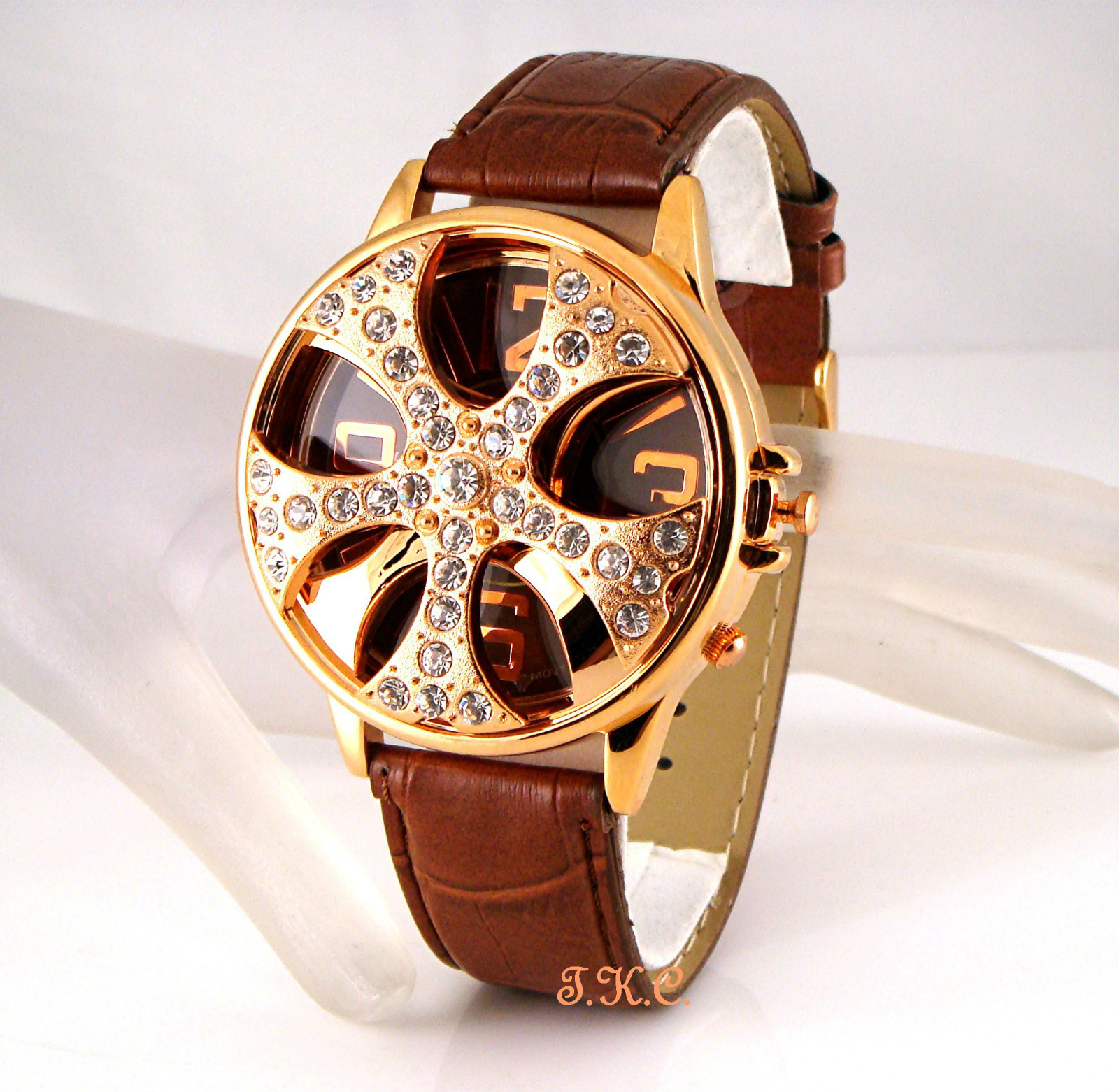 XL Gent Mens Brown Leather Crystal Gold Rapper Spin Bling Ice Pimp ...