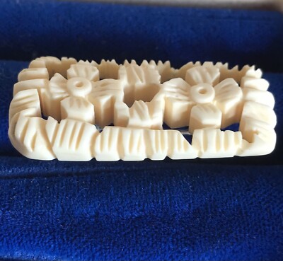 ANTIQUE CELLULOID Faux Ivory Brooch Bar Pin C-clasp CARVED FLOWERS 1.5 ...