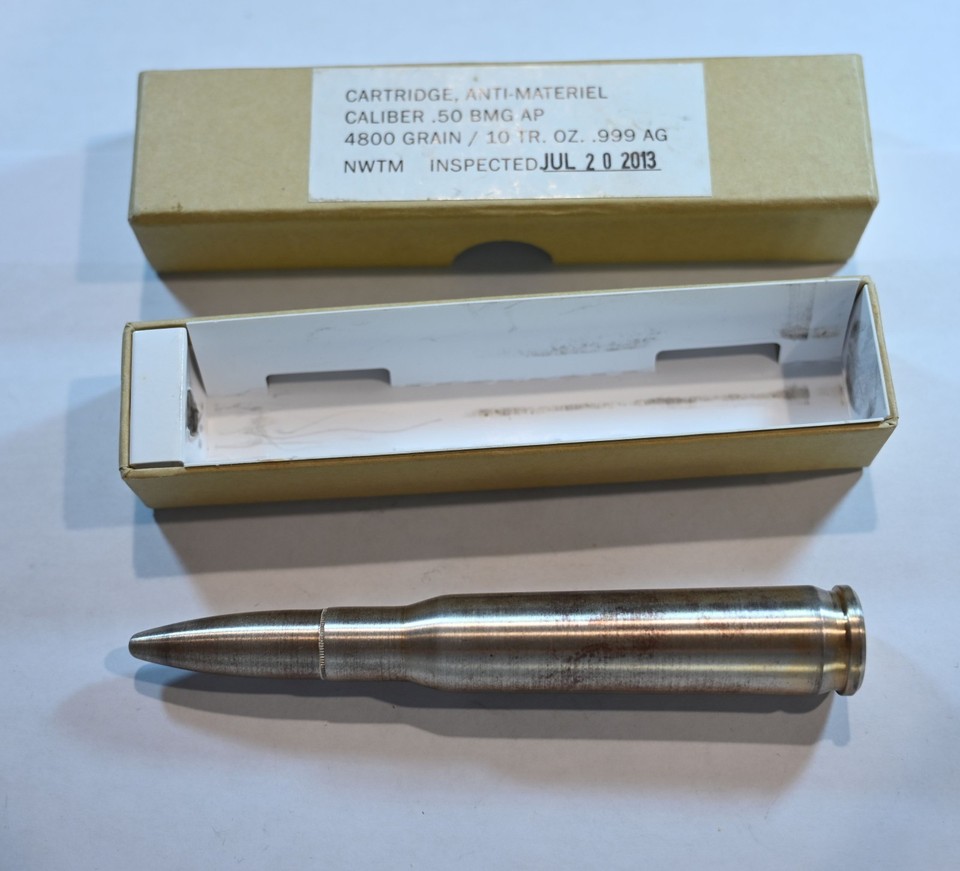 10 Ounce 999 FINE SILVER 50 Cal BMG BULLET ROUND ART BAR - free ...