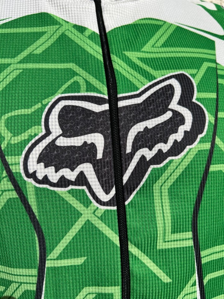 Fox Full Zip Cycling Jersey Green And White Fox Head Logo 3 Pockets 1 ...