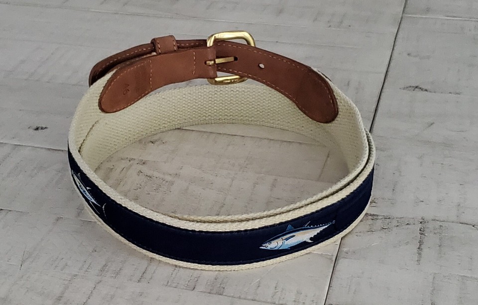 Guy Harvey Yellowfin Tuna Belt Sz 46 Embroidered Leather Canvas Deep ...
