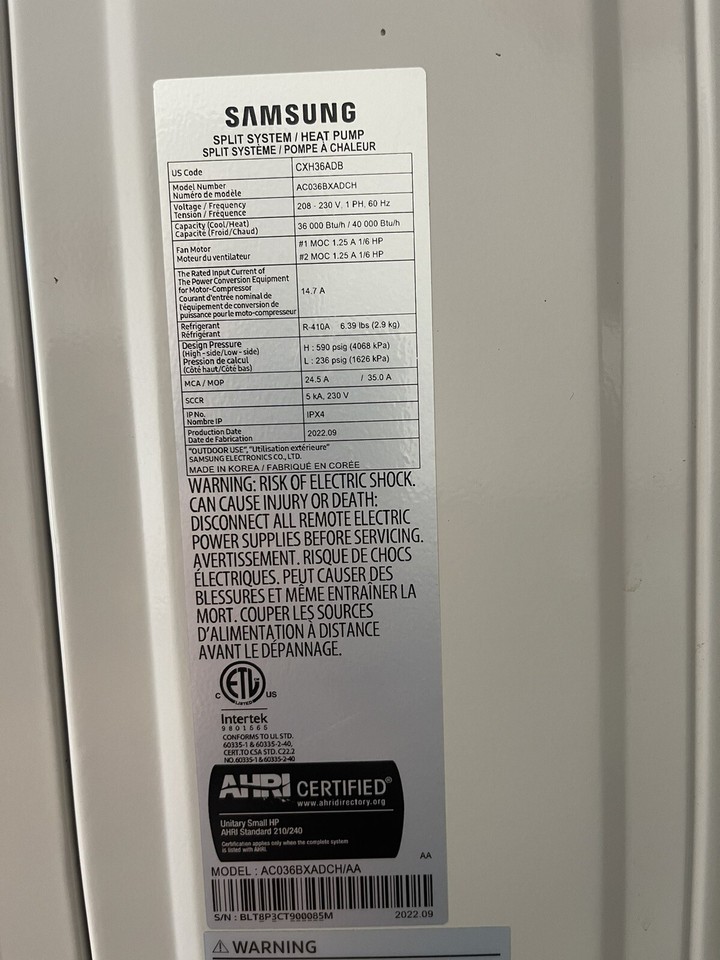 Samsung 36K Outdoor Split System/ Heat Pump 208-230V AC036BXADCH | eBay