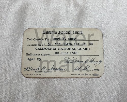 1951 California National Guard Co. “I” 224th Infantry Member Card | eBay