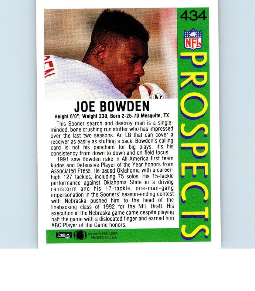 Joe Bowden 434 Prospects 1992 Fleer NFL Football Trading Card | eBay