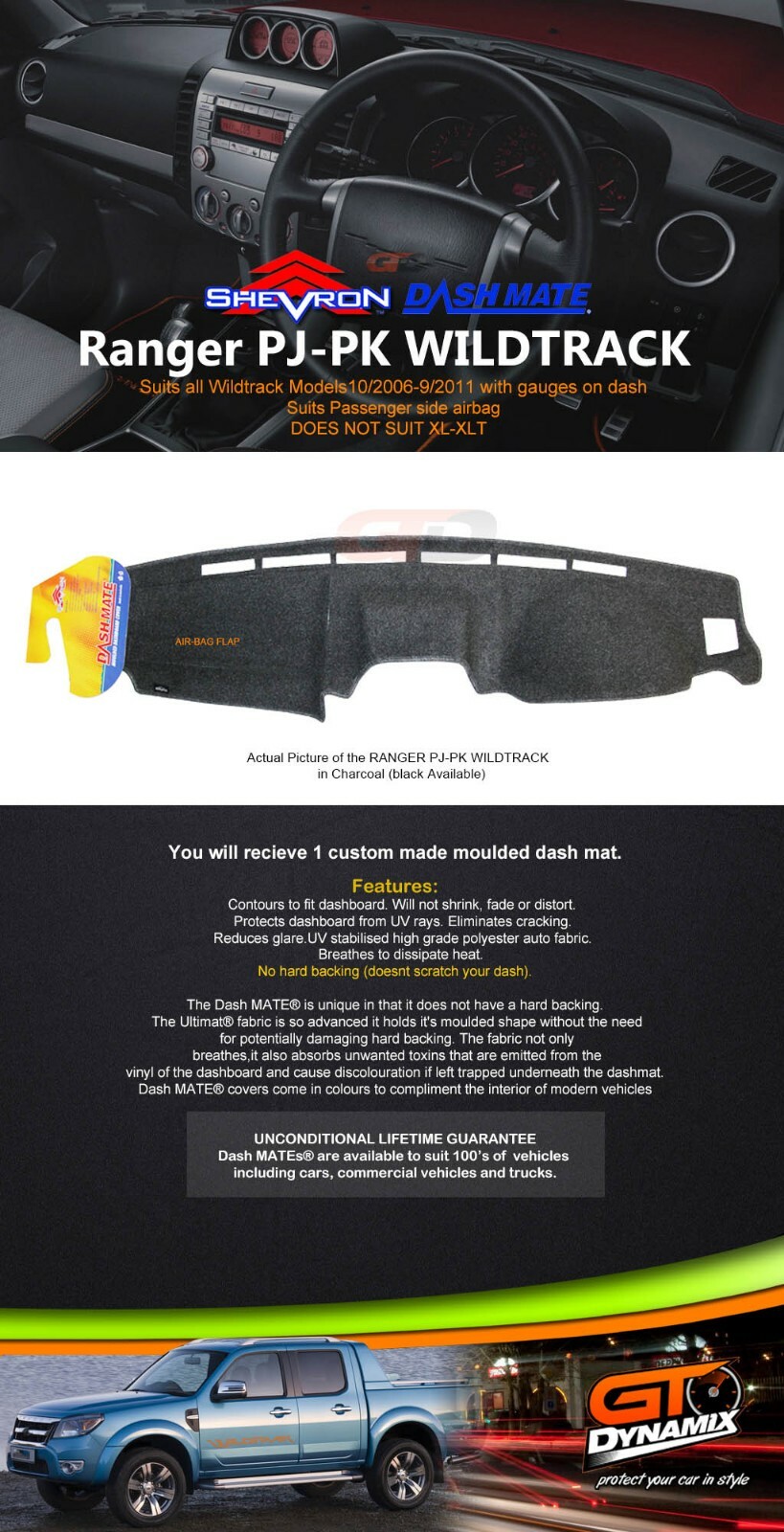 DASH MAT Ford Ranger Wildtrack with Gauges PJ-PK 06/2009-5/2012 DM1025G ...